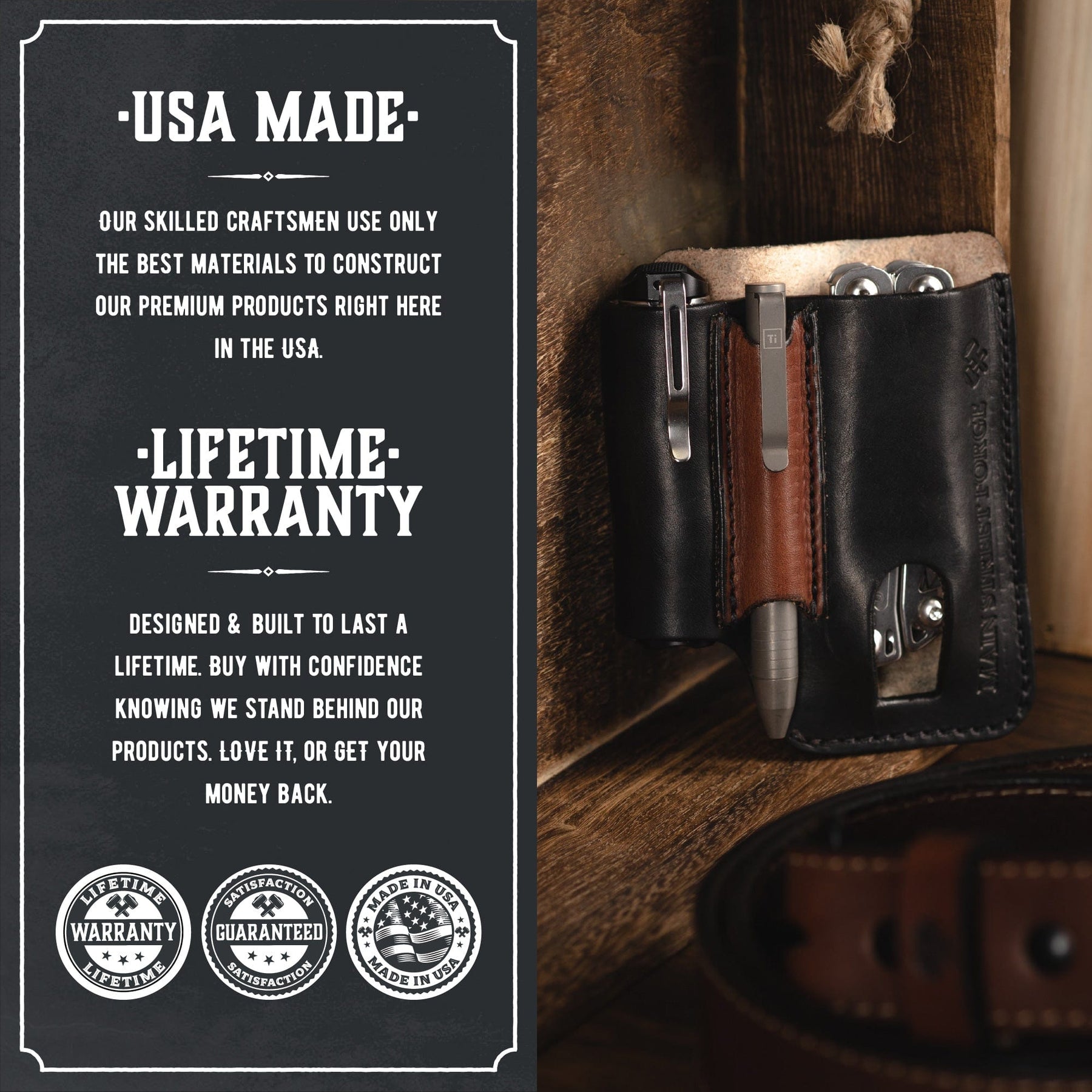 Leather EDC Pouch - Belt clip Multitool, Flashlight & Pen Sheath - Main ...